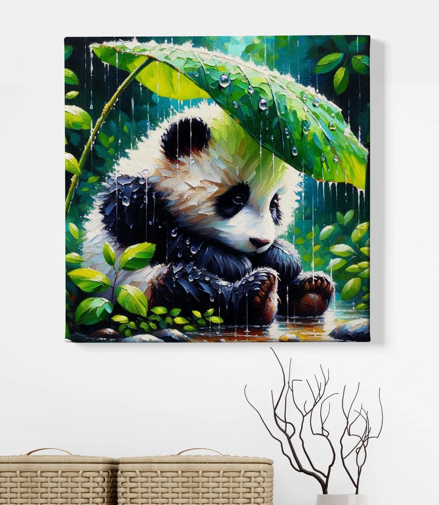 Obraz na plátně - Panda čeká, až přestane pršet FeelHappy.cz Velikost obrazu: 60 x 60 cm