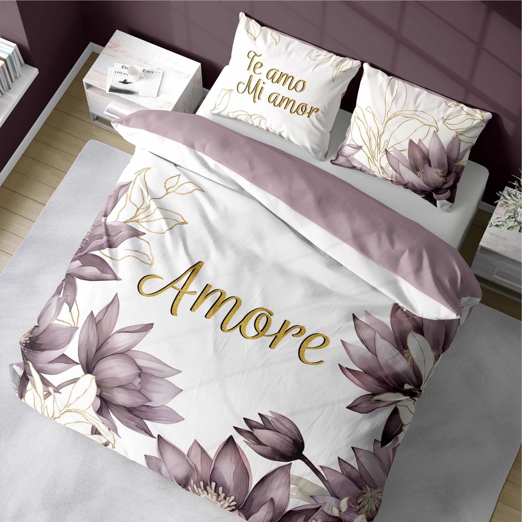 Detexpol Bavlněné povlečení 160x200 bílé vřesové květy Amore 4866 A Holland 73
