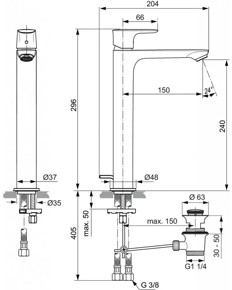 Ideal Standard Connect Air - Umyvadlová baterie stojánková vysoká Slim s odtokovou garniturou, ušlechtilá ocel A7025GN