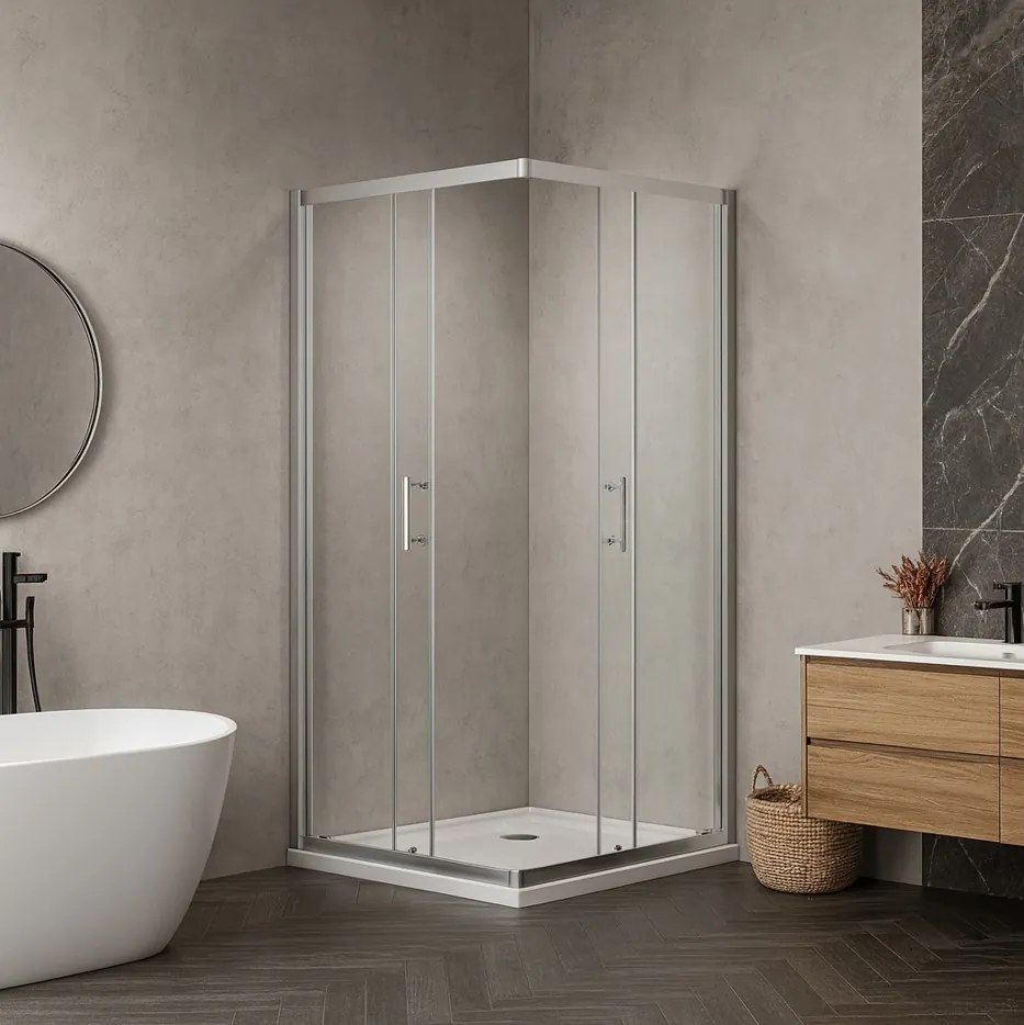 Erga Tucson, sprchový kout s posuvnými dveřmi 100(dveře) x 100(stěna) x 190 cm, 6mm čiré sklo, chromový profil, ERG-S02-TUCSON-D100D100-CL-CR