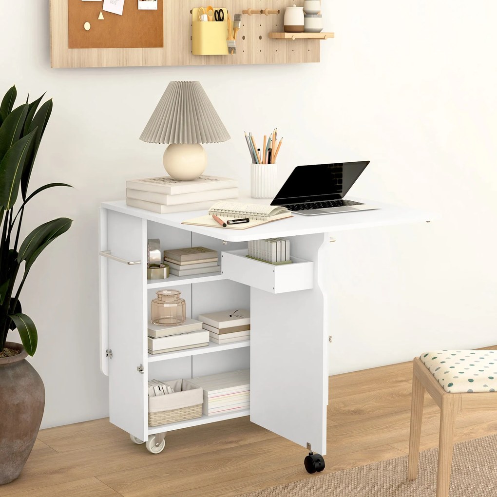 Skládací stůl HOMCOM s vyklápěcími deskami a 3 úrovněmi polic, úložná skříňka a kola, MDF, 130x80x76,5 cm, bílý