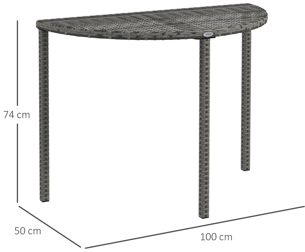 Outsunny půlkruhový balkonový stolek 100 x 50 x 74 cm zahradní stolek z polyratanu a kovu šedý pro terasu a balkon | Aosom.de
