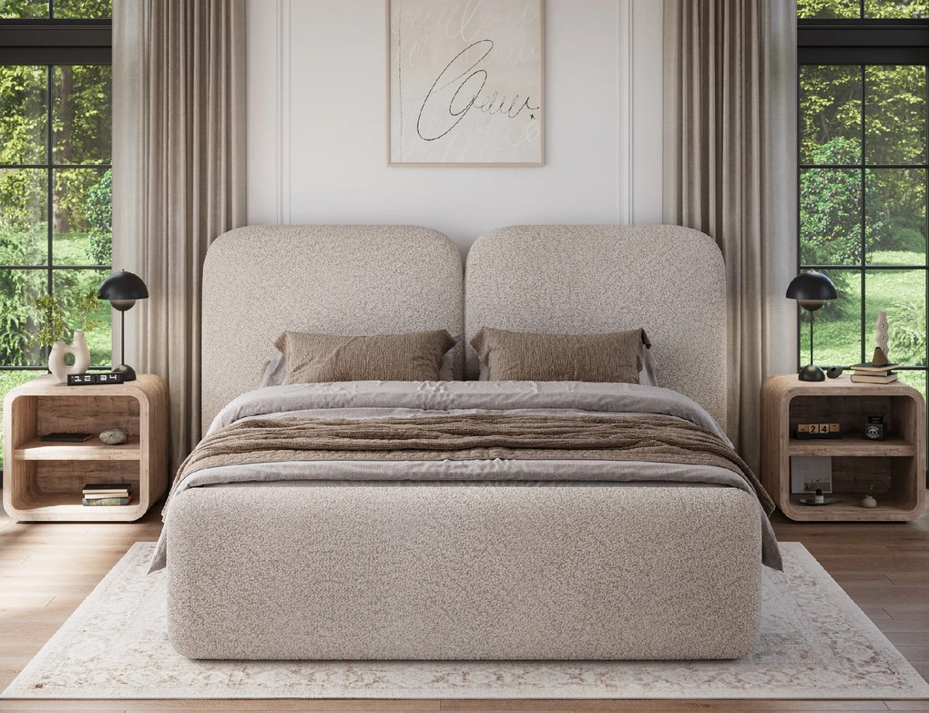 Postel Ollival 180x200, s kovovým roštem a úložným prostorem, béžové bouclé