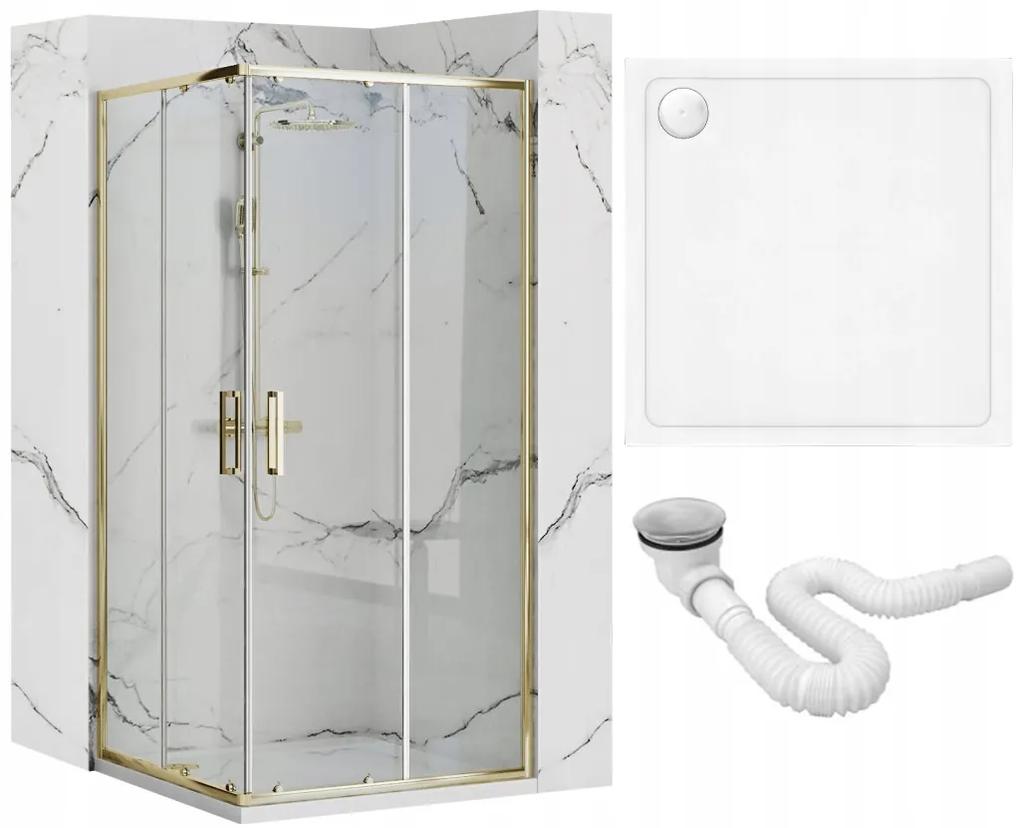 Rea Punto, sprchový kout s posuvnými dveřmi 90(dveře) x 90(dveře) x 190 cm, 5mm čiré sklo, zlatý lesklý profil + bílá sprchová vanička Savoy, KPL-K6440