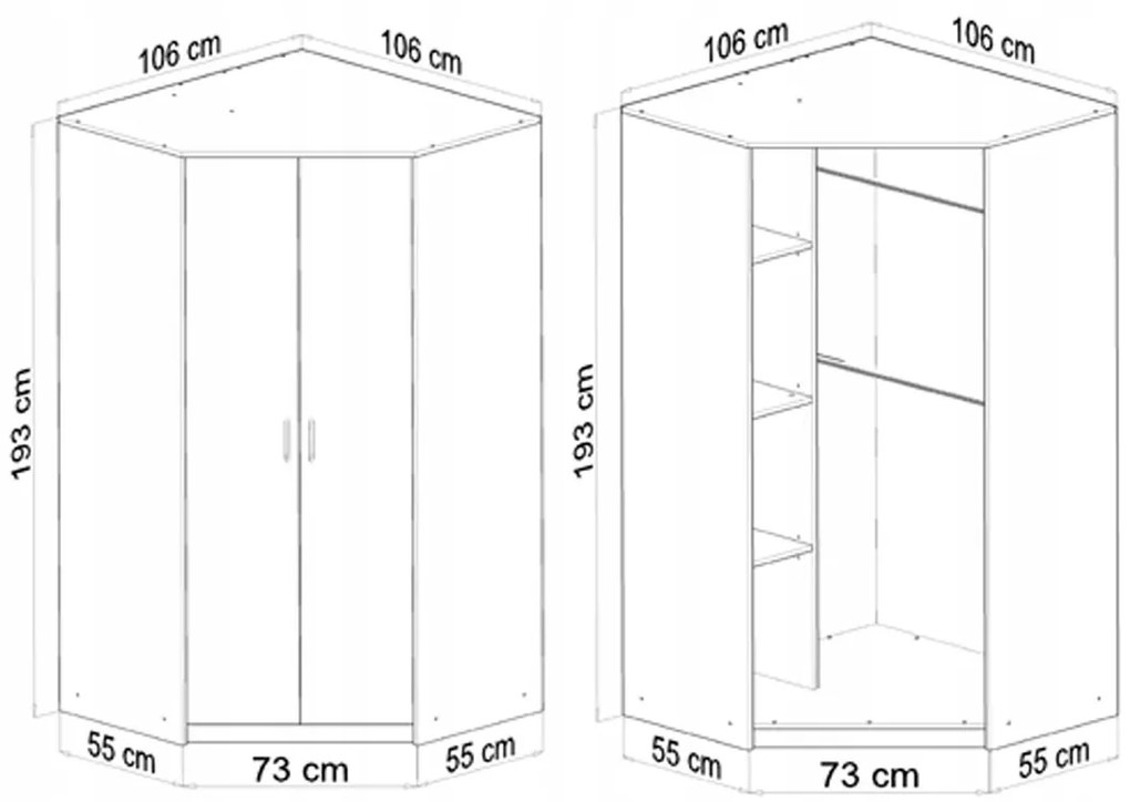 Rohová šatní skříň ZORICA - šířka 106 cm, dub sonoma