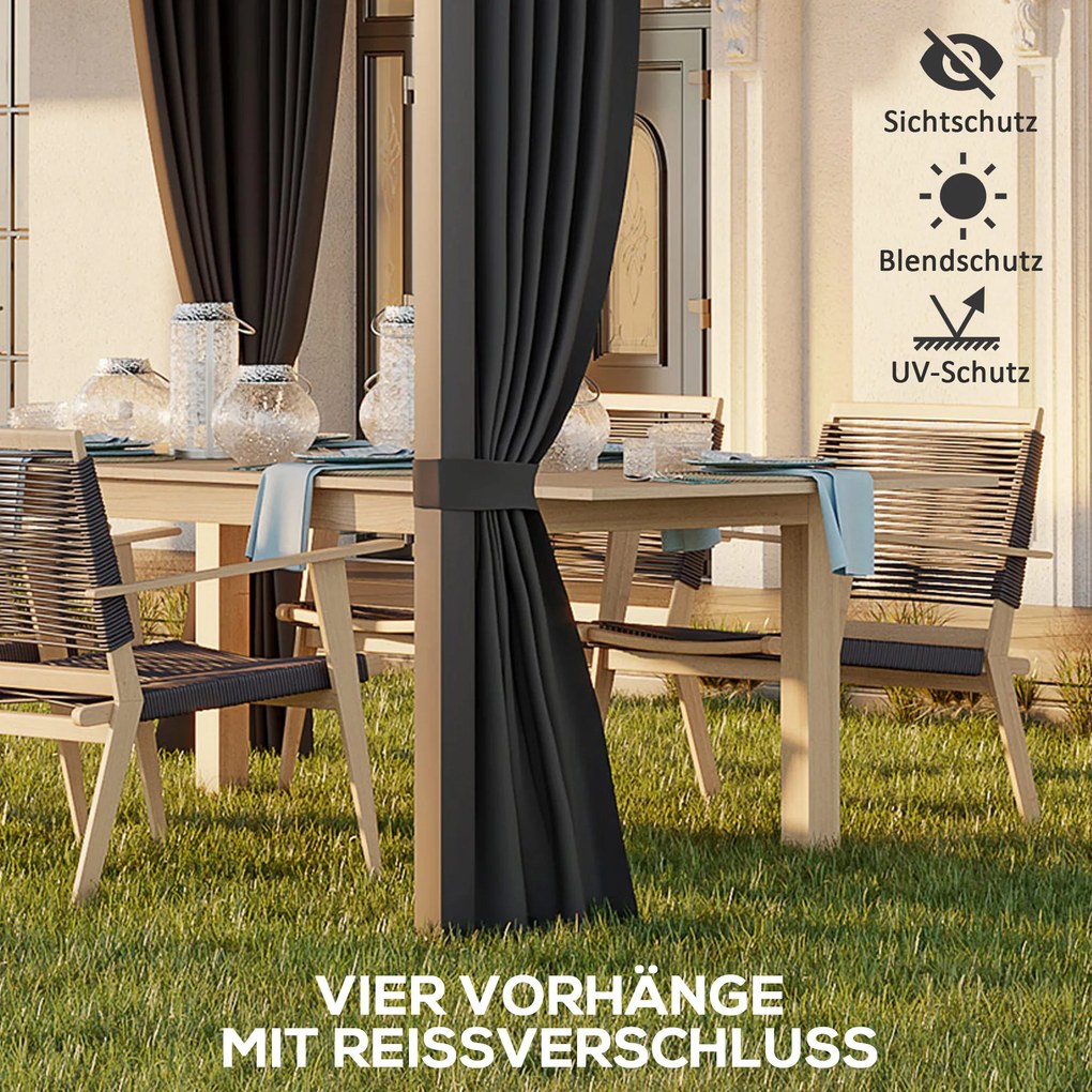 Pergola Outsunny, 3,65 x 2,55 m, Pavilon, Kryt terasy s posuvnou střechou, Zahradní pergola s závěsy, pro zahradu, dvůr, Hliník + kov, Tmavě šedá