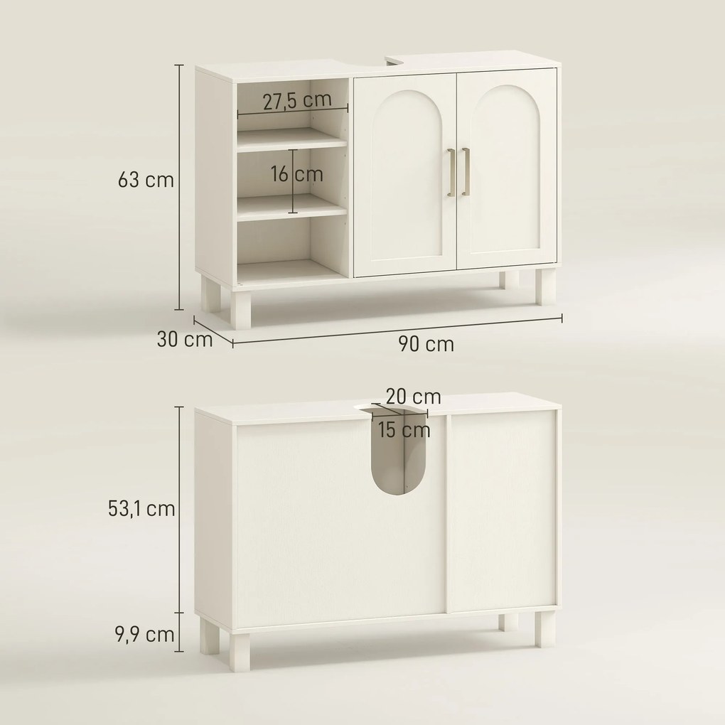 HOMCOM Podskříňková koupelnová skříňka s pedestálem, moderní koupelnová skříňka s 2 dvířky a nastavitelnými policemi 90x30x63 cm Krémová