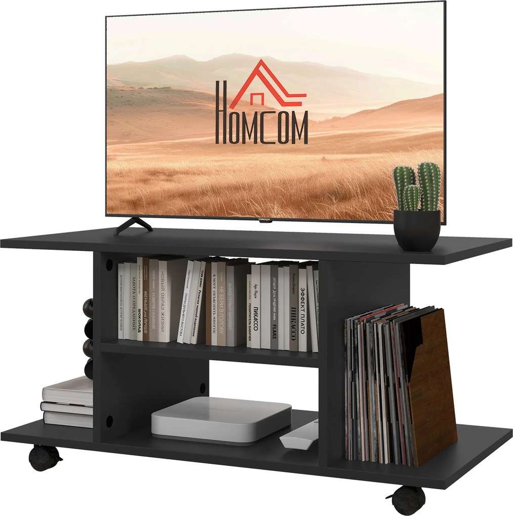 HOMCOM TV stolek, TV jednotka s policemi a uzamykatelnými kolečky, melaminový povrch 80x40x40 cm černá | Aosom