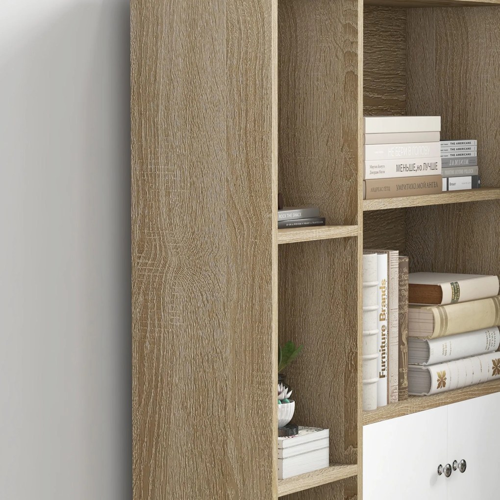 HOMCOM Knihovna v severském stylu z ořechového dřeva, rozměry 80L x 23,5W x 123H cm, 5 polic, skříňka s 2 dveřmi, zúžené nohy ze solidního borového d…