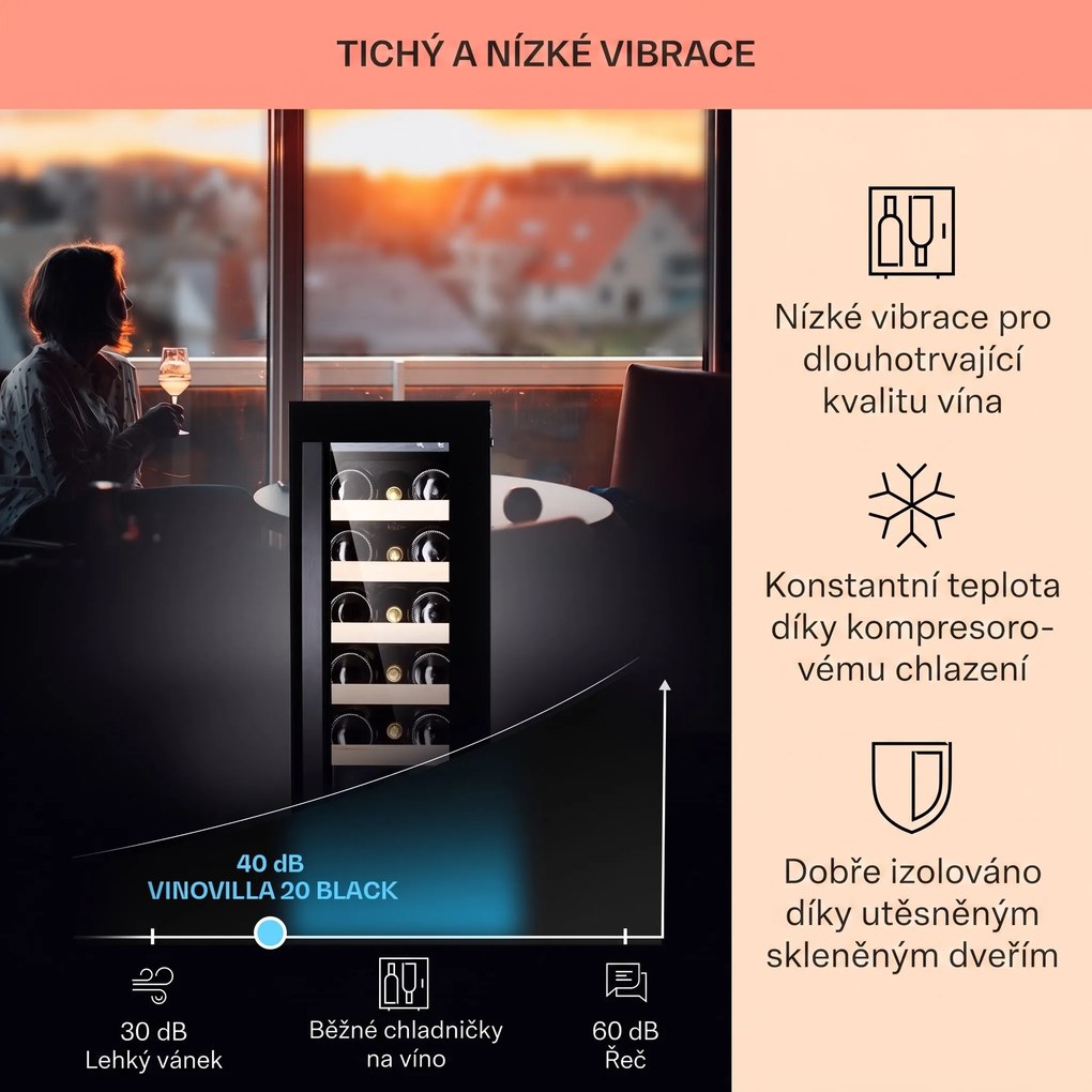Klarstein Vinovilla 20, vestavná vinotéka, 50 l/20 lahví, skleněné dveře, nerezová ocel
