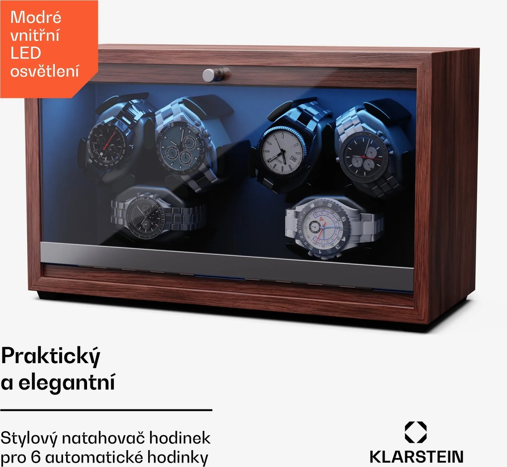 Klarstein Brienz 6, natahovač hodinek, 6 hodinek, 4 režimy, dřevěný vzhled, modré vnitřní osvětlení