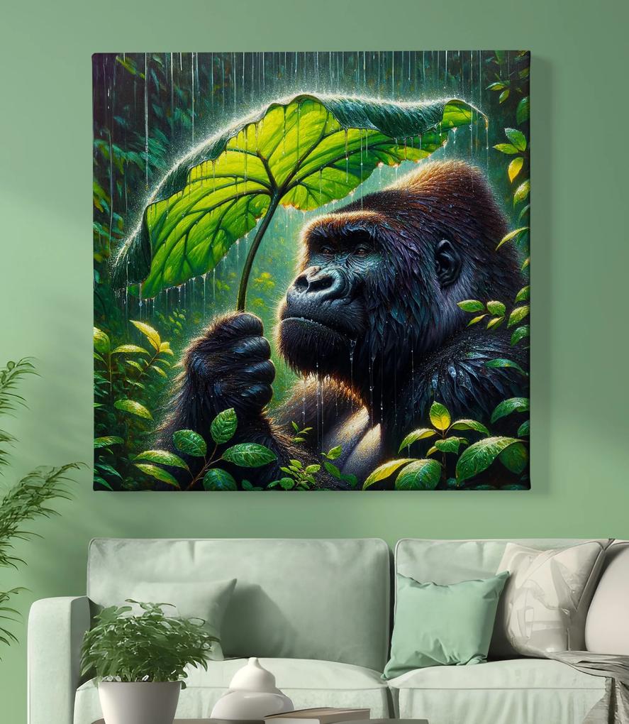 Obraz na plátně - Gorila se schovává před deštěm FeelHappy.cz Velikost obrazu: 140 x 140 cm
