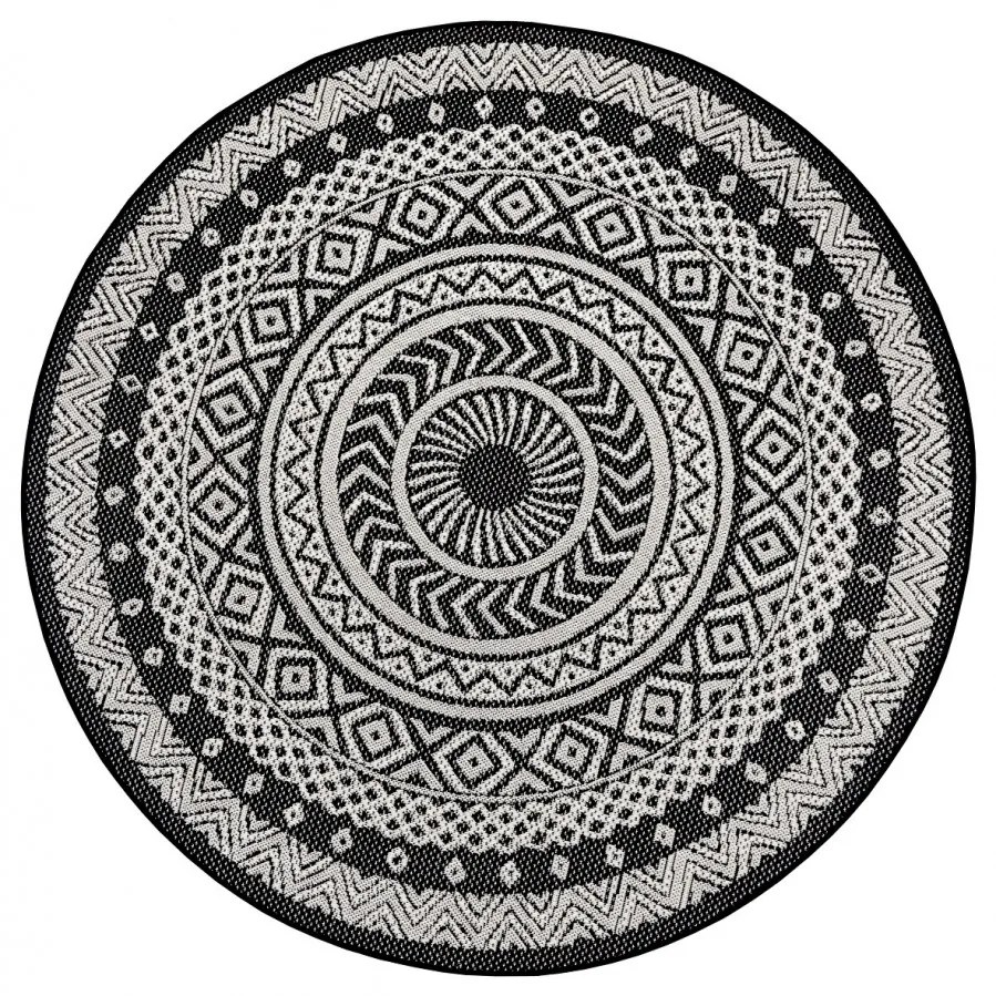 Hans Home | Kusový koberec Flatweave 104855 Black/Cream – na ven i na doma - 120x120 (průměr) kruh