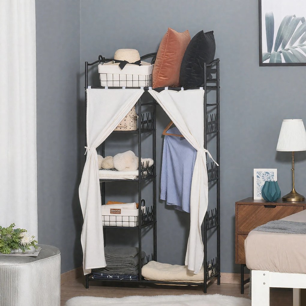 HOMCOM Šatní skříň pro dospělé s 5 policemi, oblečení a šatní tyčí, 84L x 42W x 159H cm, kovová černá s 2 bílými závěsy