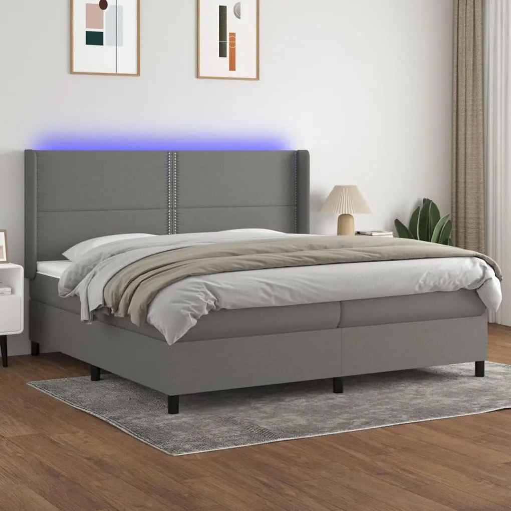Box spring postel s matrací a LED tmavě šedá 200x200 cm textil