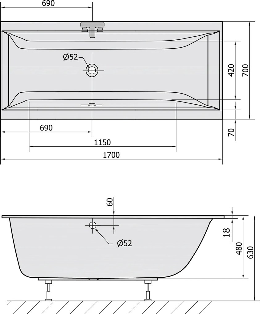 Polysan CLEO SLIM 170 x 70 x 48 cm 74611S vana obdélníková bílá