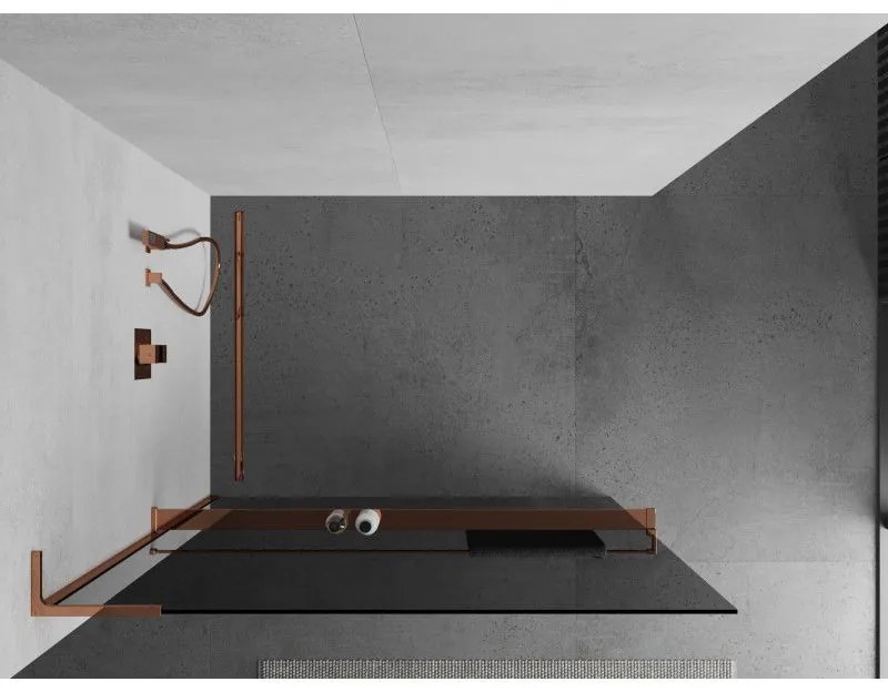 Mexen Kioto+ L, sprchová zástěna Walk-In s poličkou a věšákem 90 x 200 cm, 8mm šedé sklo, růžové zlato profil, 800-090-123-60-40