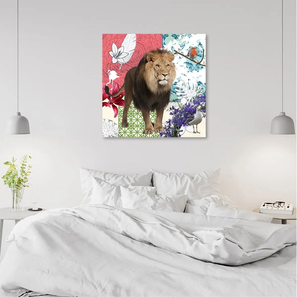 Obraz na plátně, Koláž lva a ptáků - 60x60 cm