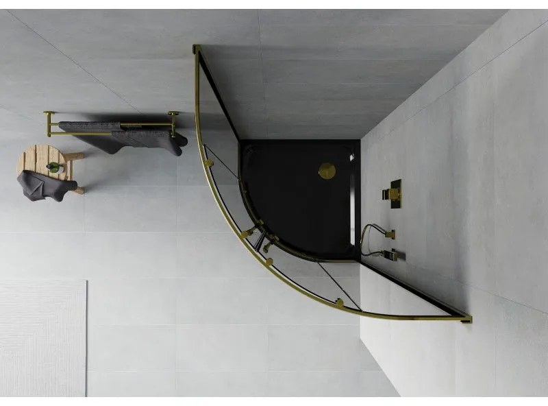 Mexen Rio, čtvrtkruhový sprchový kout s posuvnými dveřmi 90 (dveře) x 90 (dveře) x 190 cm, 5mm šedé sklo, zlatý profil + černá sprchová vanička SLIM, 863-090-090-50-40-4170G