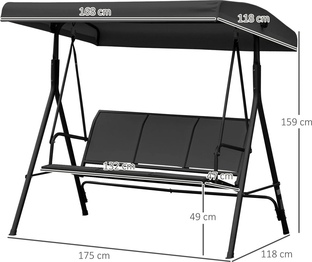 Zahradní houpačka Outsunny pro 3 osoby s nastavitelnou sluneční clonou, ergonomické sedátko a opěradlo, ocel a textilene černá | Aosom