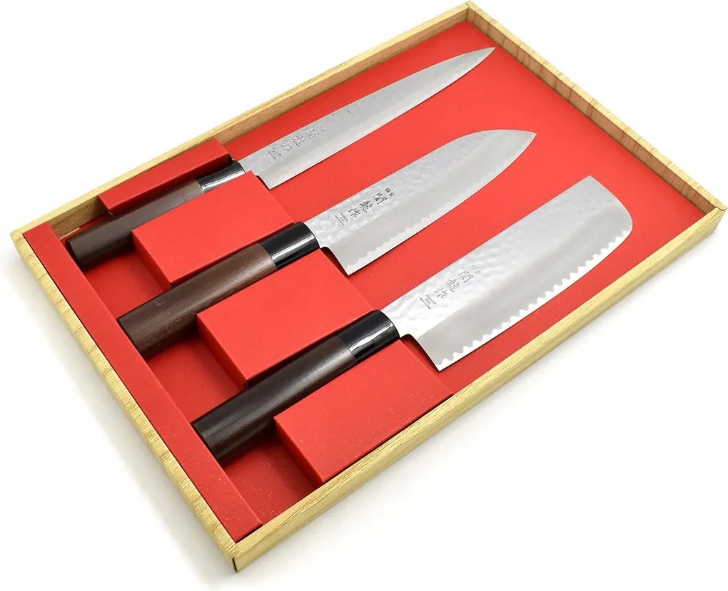 Sada 3 japonských nožů Sekiryu Brown Yanagiba, Santoku, Nakiri