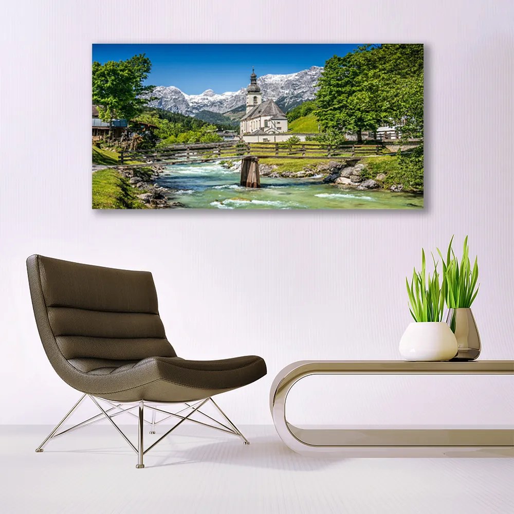 akrylový obraz Kostel Most Jezero Příroda 120x60 cm