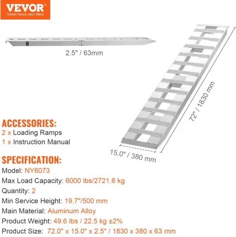 Hliníkové rampy 182,9 × 38,1 cm Kapacita nakládacích ramp 2721,6 kg 2ks