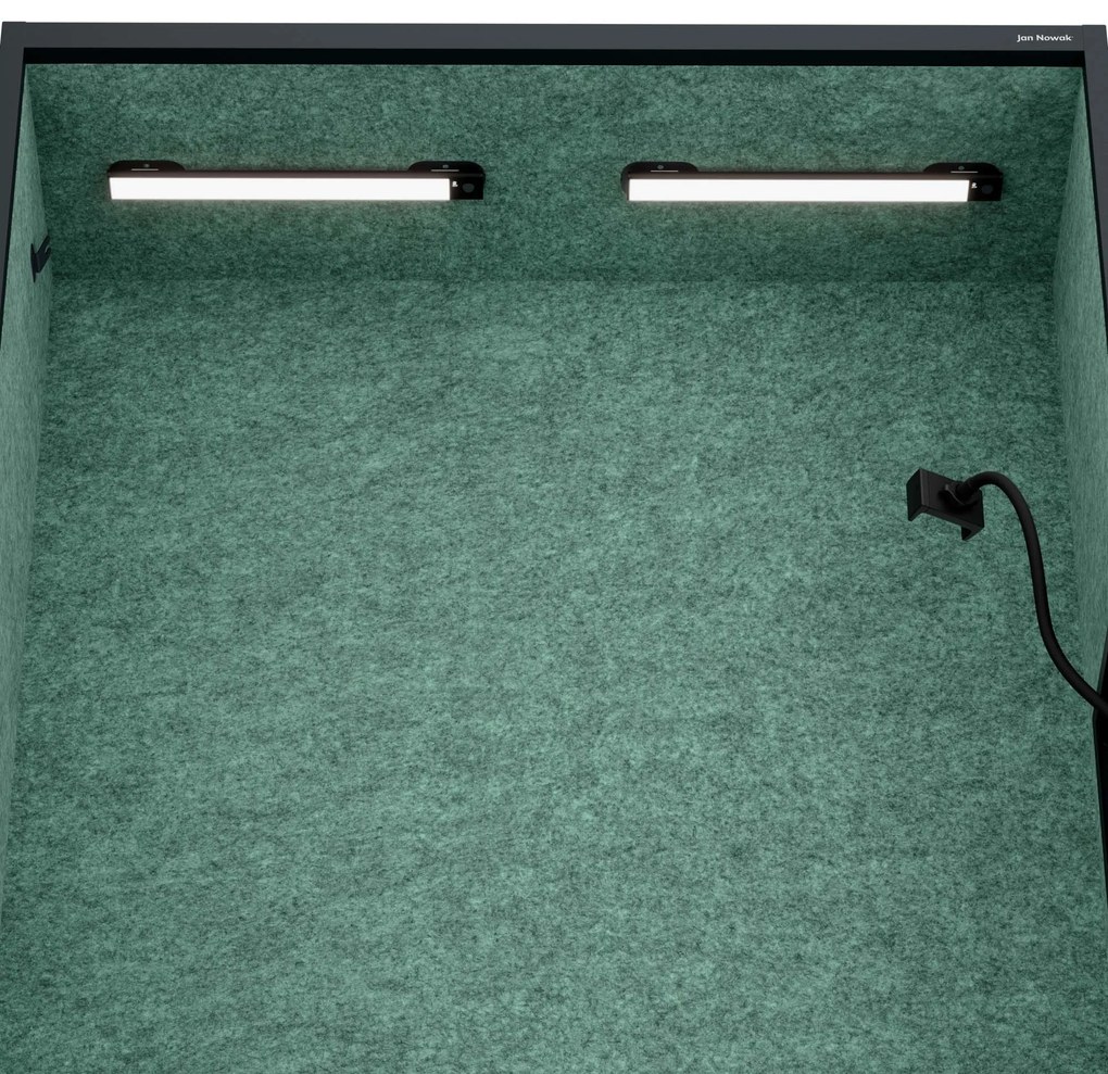 Kancelářská akustická kabina se sedátkem a USB-C portem, korpus antracitový / sedák zelený, 1150 mm: SALLY MentalBox
