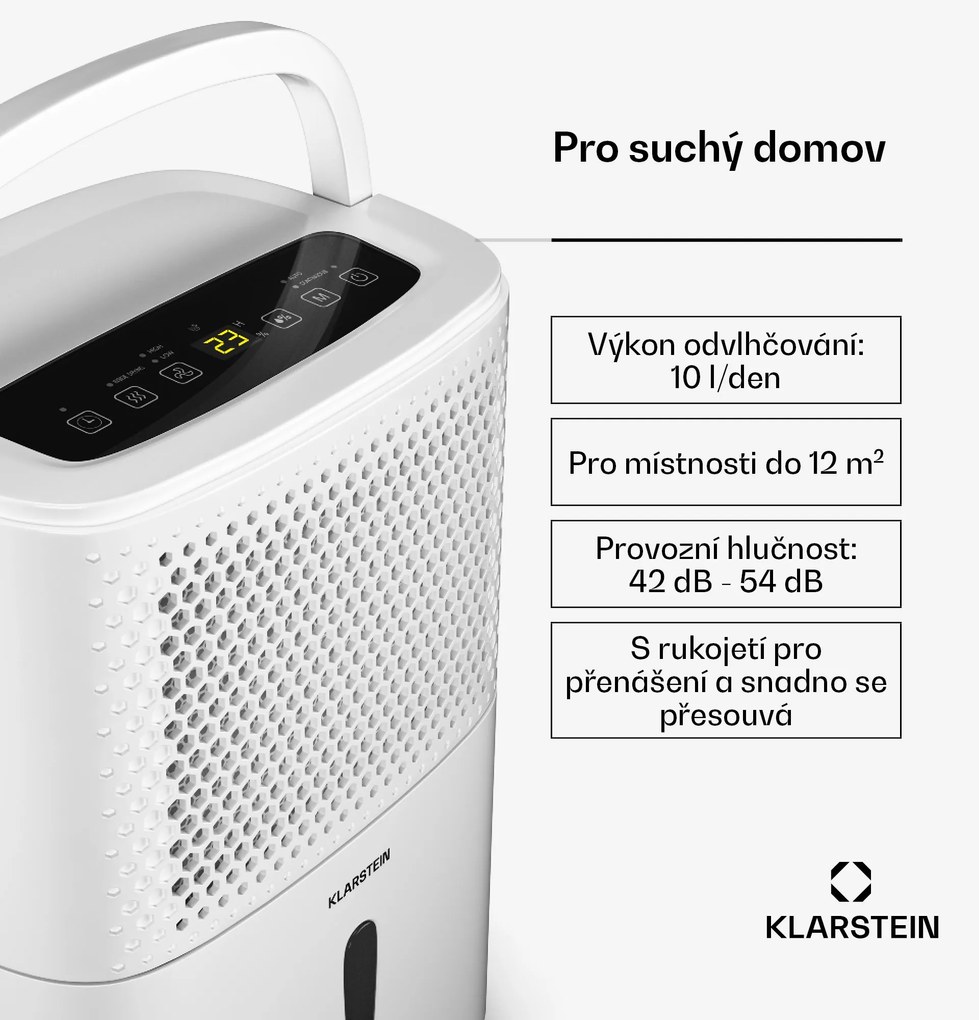Klarstein DryFy 10L odvlhčovač, 10 l/den, 12m², 80 m³/h, časovač, nádrž na vodu, mobilní