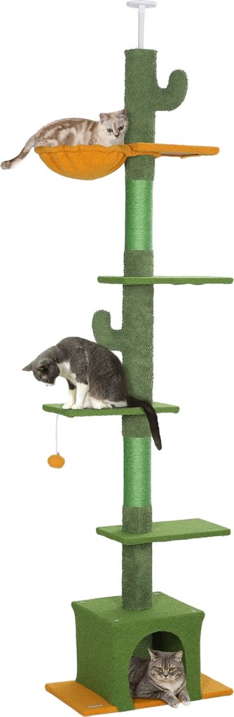PawHut Stropní Kočičí Škrabadlo, Kočičí Stromeček, 230-275 cm S Kočičí Jeskyní, Škrabadly, Hracím Míčkem, Nábytek Pro Kočky S Antikolizními Zařízeními