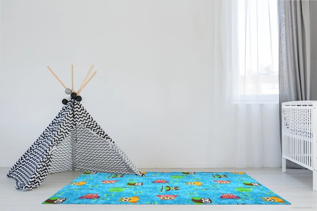 Vopi, Dětský kusový koberec Sovička Silk 5298 tyrkys, 95x200, modrá, dětský pokoj