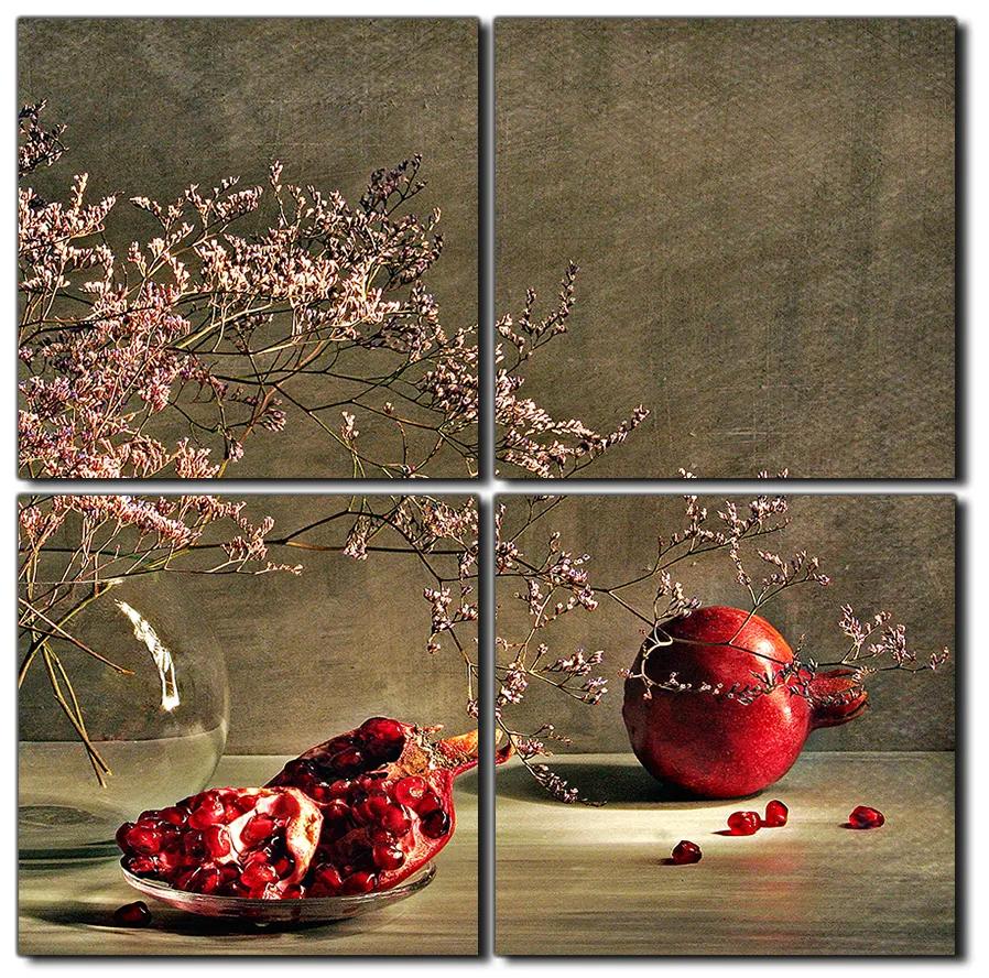 Obraz na plátně - Zátiší - větev a granátové jablko - čtverec 3274E (100x100 cm)