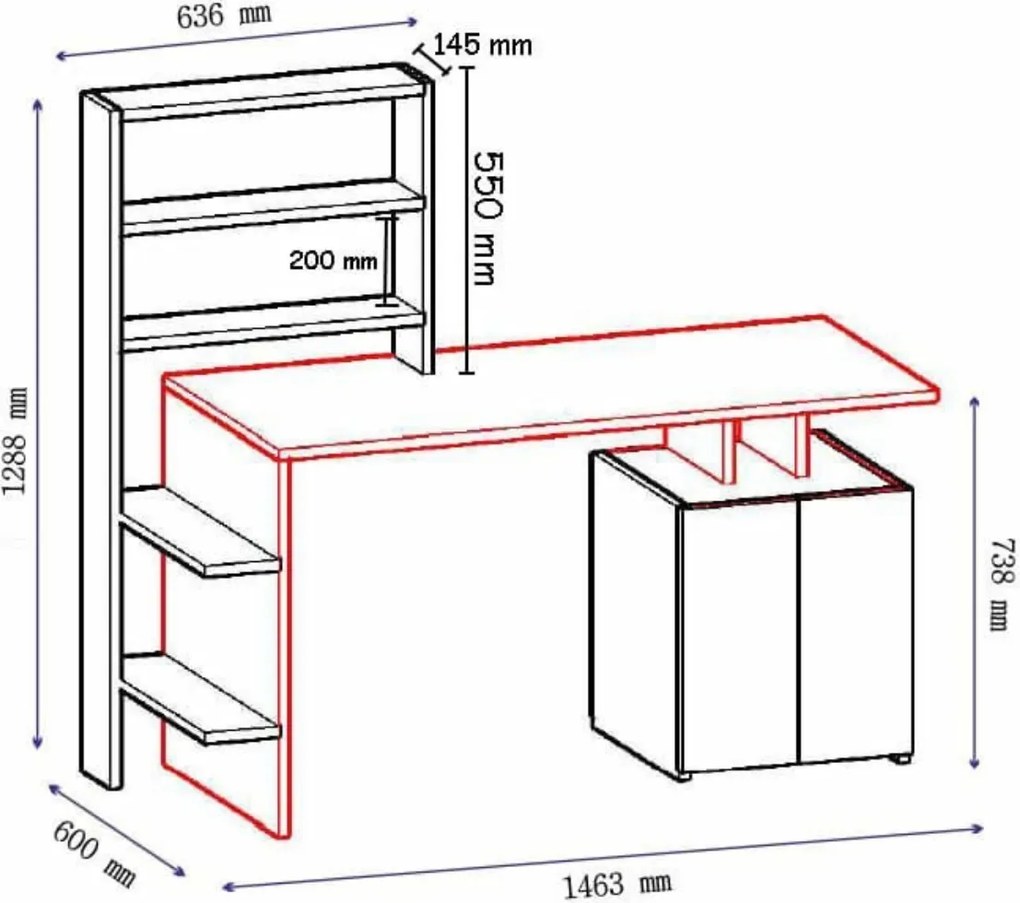 Psací stůl Melis s vestavěným regálem a skříňkou bílý/antracit