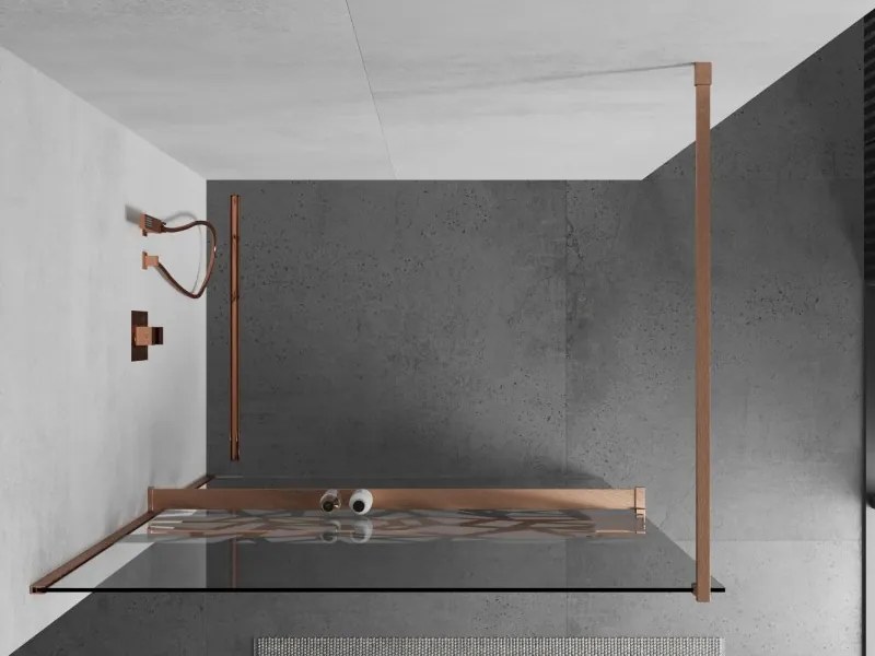 Mexen Kioto+, sprchová zástěna Walk-In s poličkou a věšákem 100 x 200 cm, 8mm čiré sklo bílý vzor, ​​měděný matný profil, 800-100-121-65-85