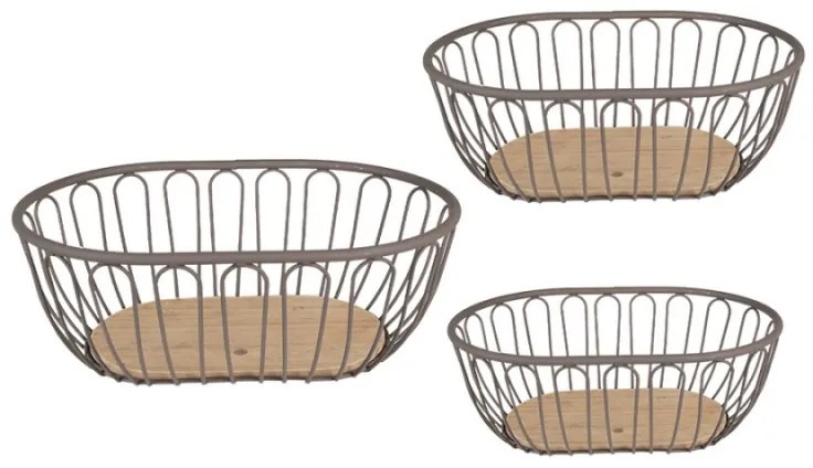 Set 3ks hnědý drátěný košík s dřevěným dnem Izaac – 33x23x12 / 29x19x10 / 25x15x8 cm