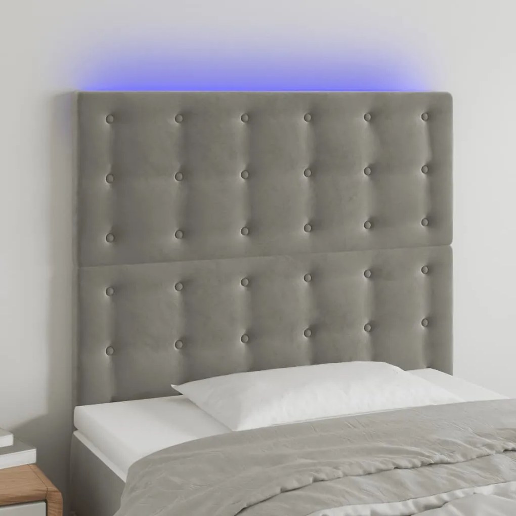 Čelo postele s LED světle šedé 90x5x118/128 cm samet