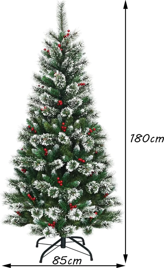 Costway 180 cm Umělý vánoční stromek se sněhovými vločkami, červenými bobulemi
