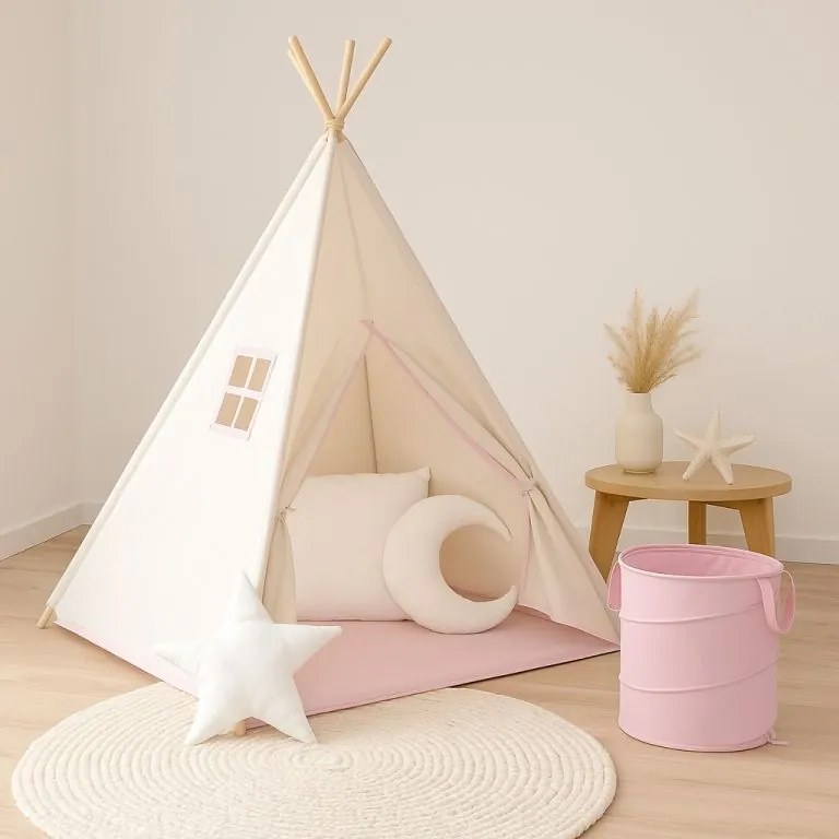 Dětský teepee stan růžovo-béžový 110x110x162 cm s polštáři