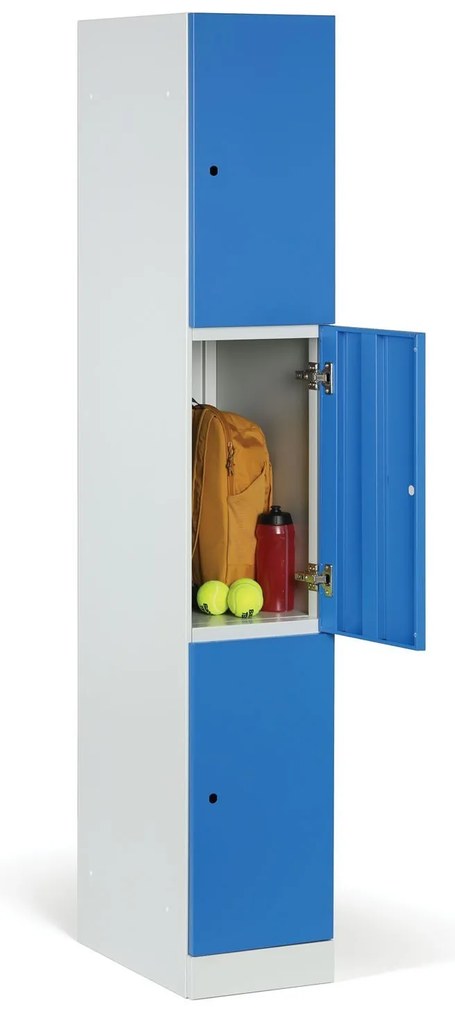 Šatní skříňka S1 s úložnými boxy, 3 boxy, 1850 x 300 x 500 mm, RFID zámek, modré dveře