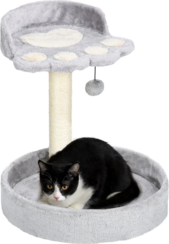 PawHut odřezávací sloupek pro kočky do 5 kg se spacím místem a míčkem, kočičí gym se sametovým potahem a lýkovým lanem, 41x41x44 cm, světle šedý | Aos