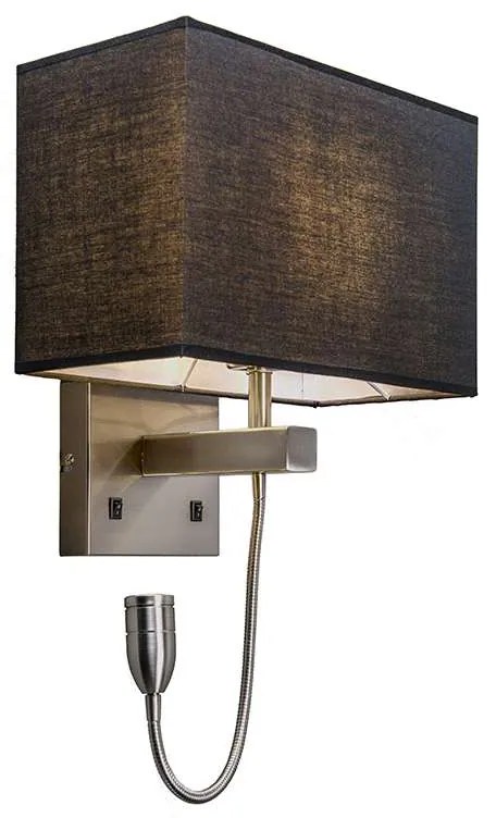 Ocelová nástěnná lampa s černým stínítkem a ramenem na čtení vč. LED - Bergamo