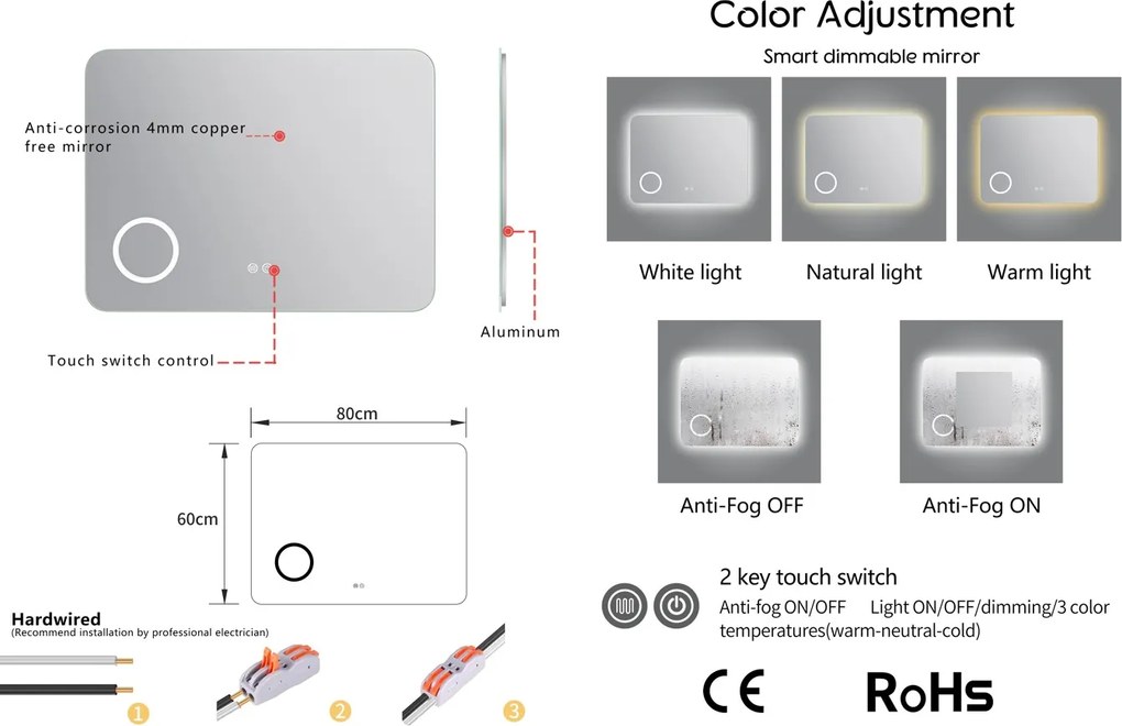 Erga Myra, LED zrcadlo 80x60 cm s kosmetickým zrcadlem 3x zvětšení, 3146 lm, 3 barvy světla, zadní osvětlení, ERG-V01-MYRA-8060-00