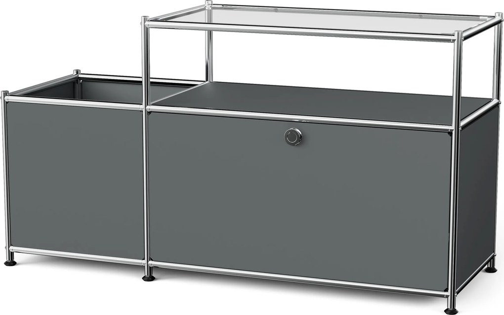 Tchibo - Nízká kovová skříňka »Cn3« s výklopnými dvířky a skleněnou deskou, šedá