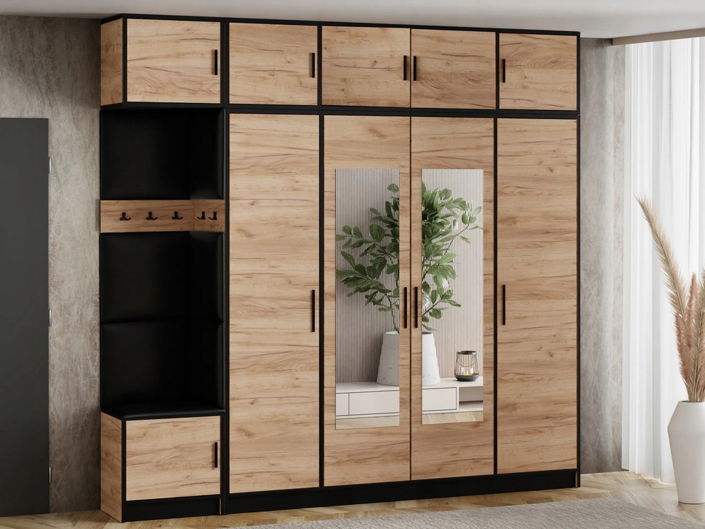 Šatní skříň s nástavcem ROJ 15 dub Craft zlatý + ecoskóra černý