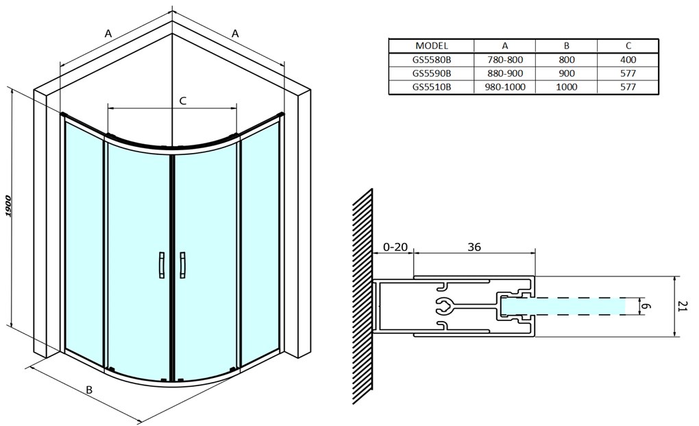 Gelco SIGMA SIMPLY BLACK čtvrtkruhová sprchová zástěna 900x900 mm, R550, čiré sklo, GS5590B