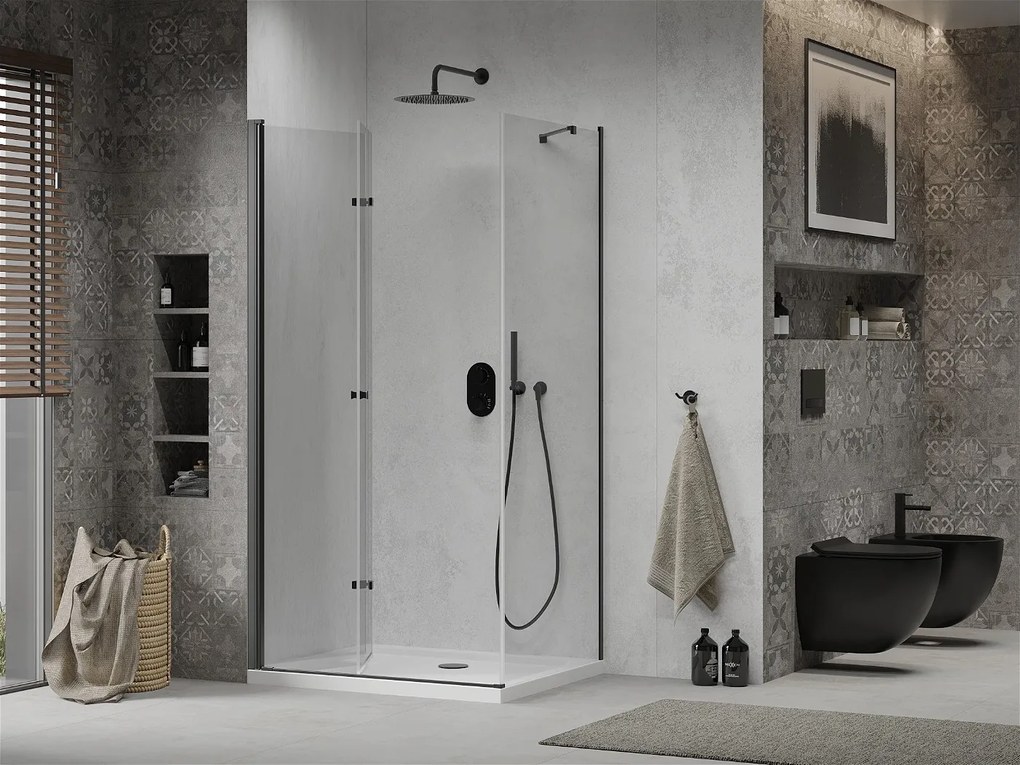 Mexen Lima, sprchový kout se skládacími dveřmi 120 (dveře) x 70 (stěna) cm, 6mm čiré sklo, černý profil + slim sprchová vanička bílá s černým sifonem, 856-120-070-70-00-4010B