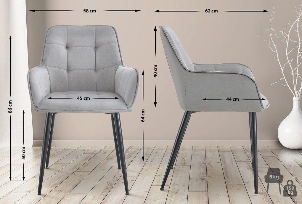Set 2 jídelních židlí Ferndale samet - světle šedá