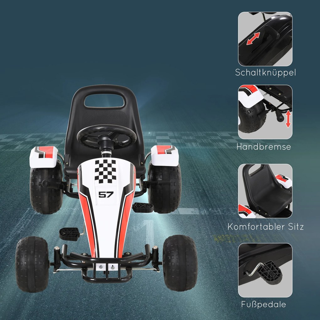 HOMCOM Motokára pro děti šlapací auto s pedály a brzdami 104x66x57cm z oceli pro děti od 3 do 8 let v bílé barvě