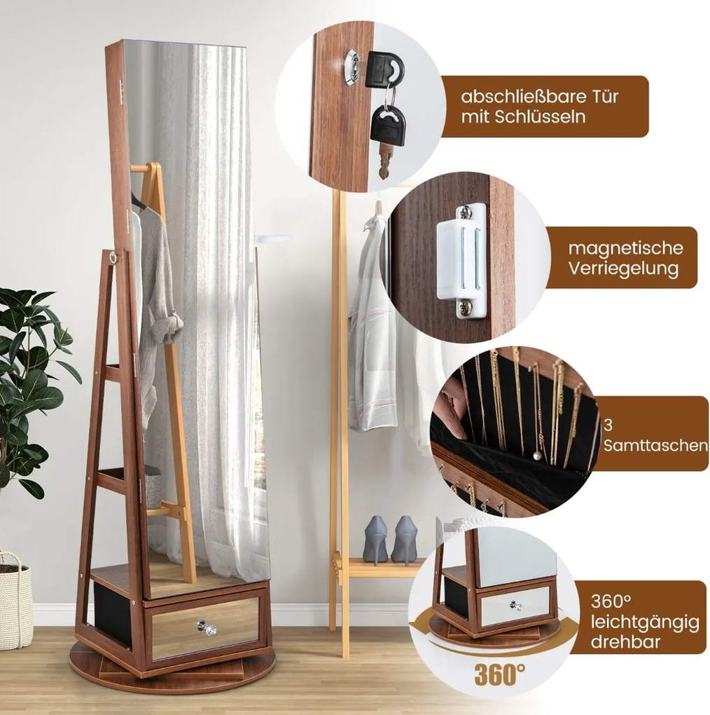 Costway Šperkovnice 360° otočná zrcadlová skříňka se zrcadlem po – 140 × 37 cm