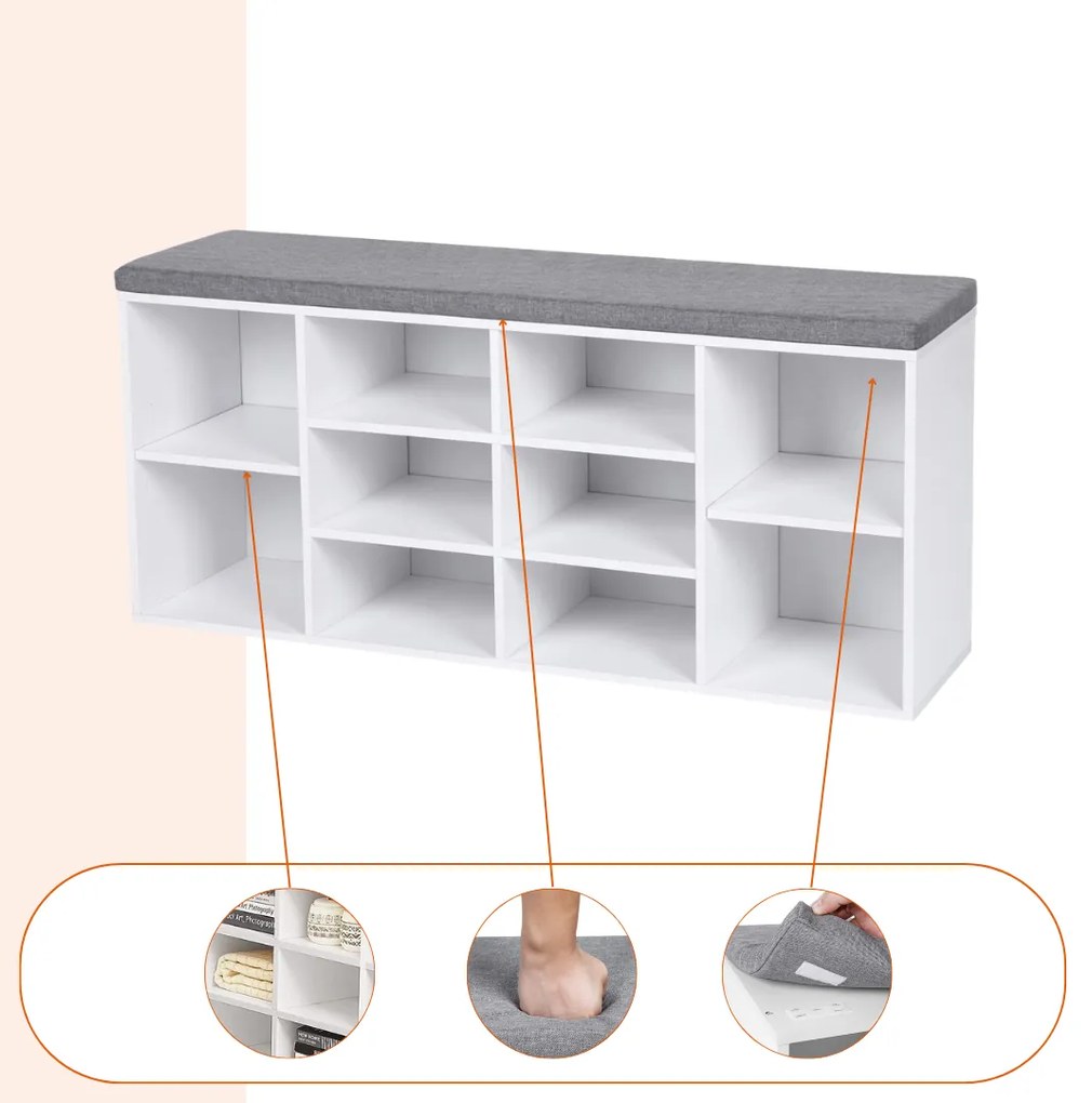 Botník s čalouněnou lavicí GABI, 10 přihrádek, 104x30x48 cm, šedá/bílá Vasagle